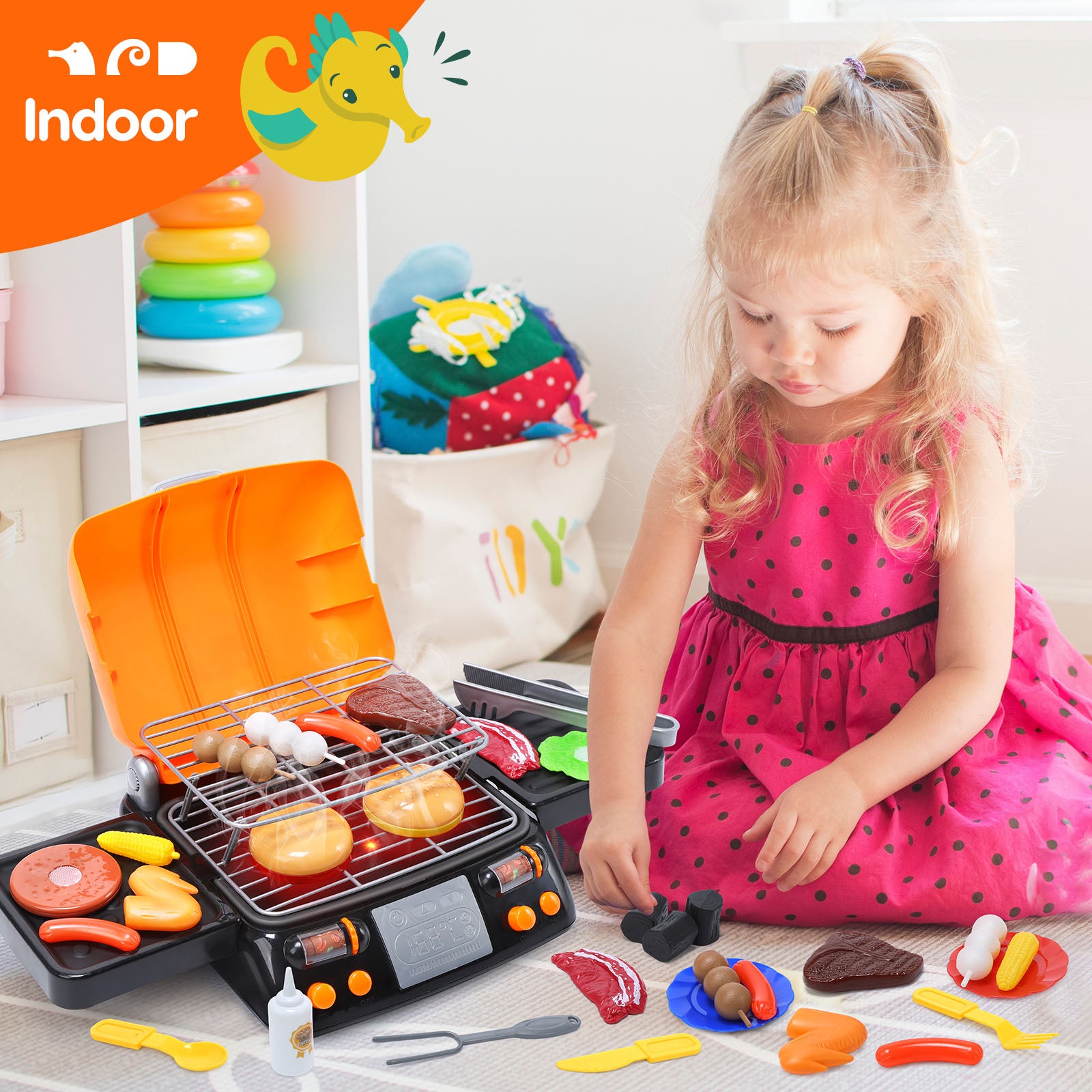 CUTE STONE Cooking Toy BBQ Set, 2-Layer Kids Grill Playset with Play F